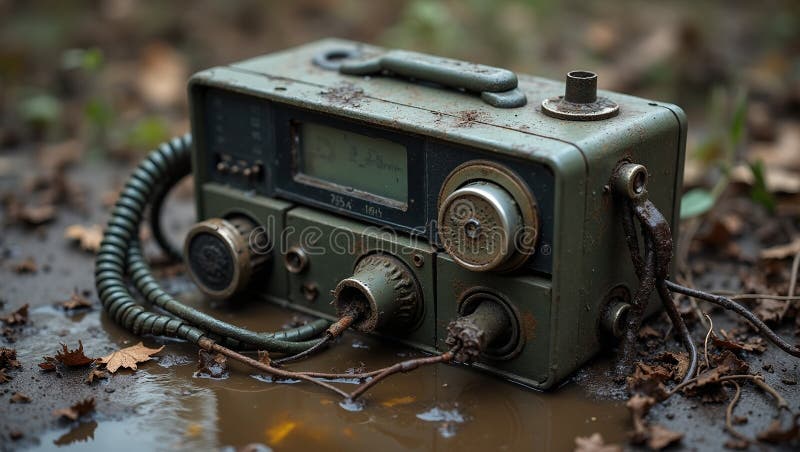 Abandoned Military Radio Set in Mud with Cracked Speaker Symbolizing ...