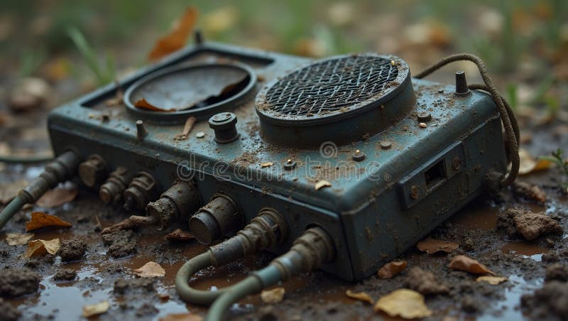 Abandoned Military Radio Set in Mud with Cracked Speaker Symbolizing ...