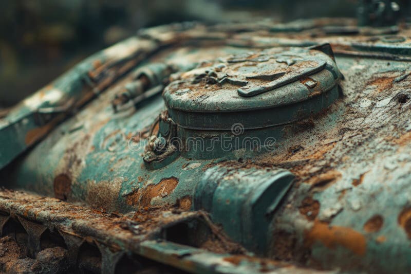 An Abandoned Military Tank Sits in a Dusty Field, Covered in Rust and ...