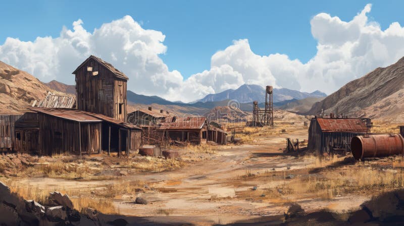 Abandoned Mining Town in a Desert Valley Stock Illustration ...