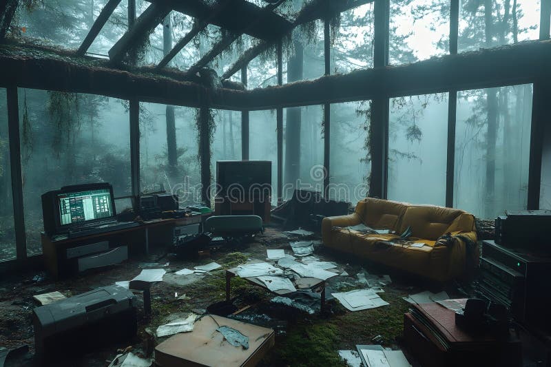 Abandoned Modern Cabin with Overgrown Forest View through Glass Walls ...