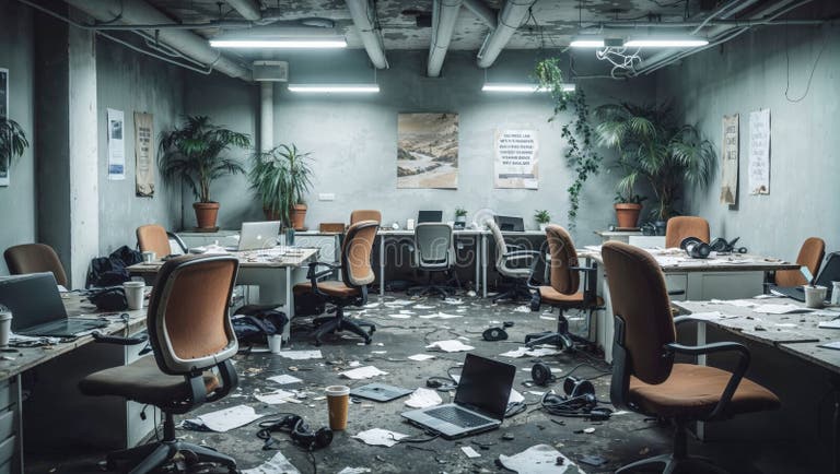 Abandoned Modern Office in Disarray, Filled with Overturned Chairs ...