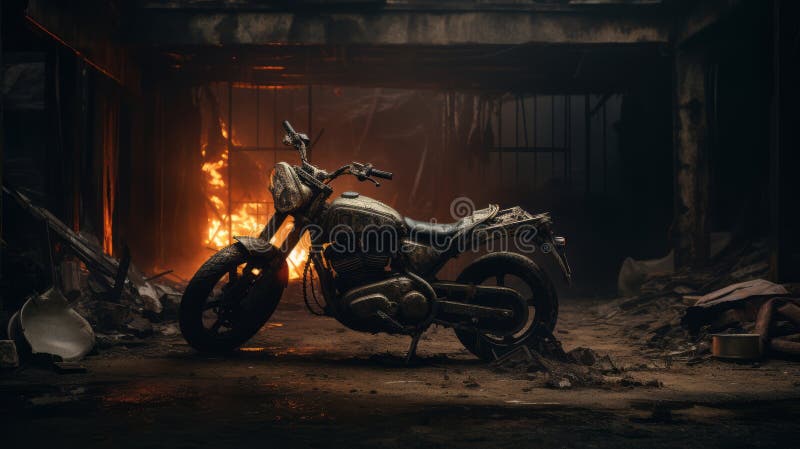 Abandoned Motorcycle in Post-apocalyptic Fire Stock Illustration ...