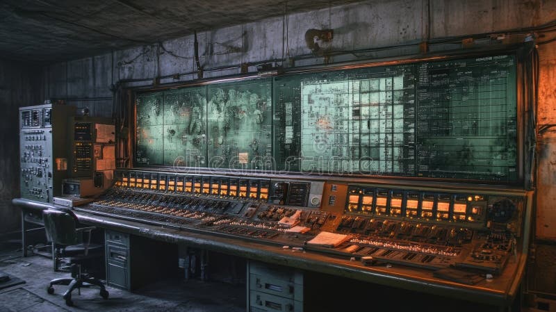 Abandoned Nuclear Bunker Control Room with Glowing Screens Stock Image ...