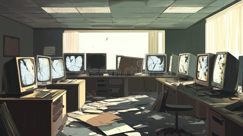 Abandoned Office with Broken Computer Screens Stock Illustration ...