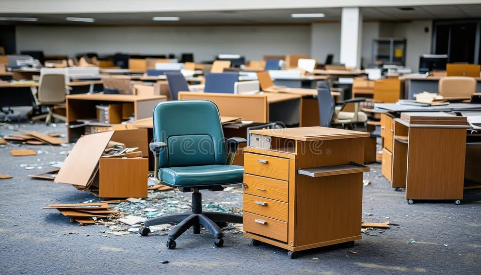 Abandoned Office Showing Desks and Chairs in Disarray Stock Photo ...