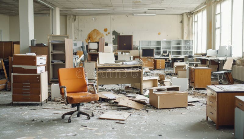 Abandoned Office Showing Desks and Chairs in Disarray Stock Image ...