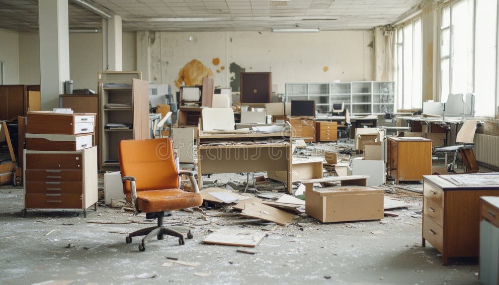 Abandoned Office Showing Desks and Chairs in Disarray Stock Image ...