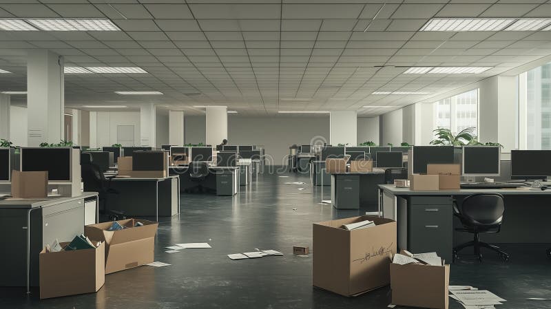 Abandoned Office Space with Empty Desks and Moving Boxes Generative AI ...