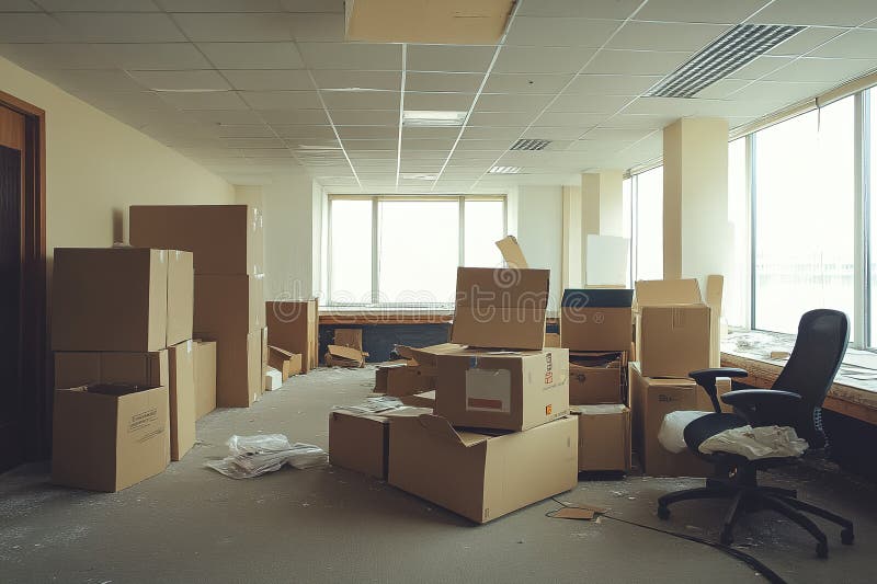 Abandoned Office Space Filled with Cardboard Boxes and Debris during ...