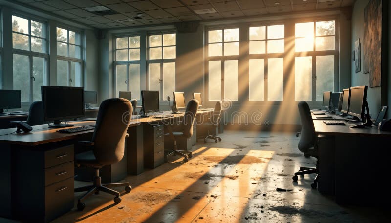 Abandoned Office Space Sunlit. Empty Desks, Chairs. Sunlight Streams ...