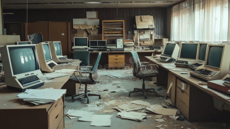Abandoned Office with Vintage Computers and Scattered Papers Stock ...