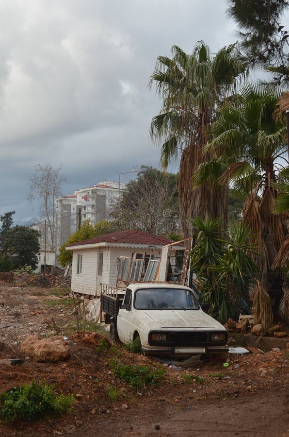Abandoned Old Car Near Old House with Palm Trees Stock Photo - Image of ...