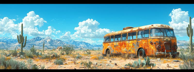 An Abandoned Old Rusty Van Wreck in the Middle of the Desert with ...