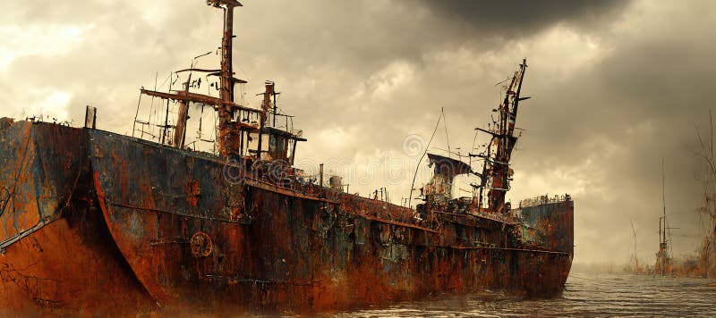 Abandoned Old Big Sea Ship, Rusty and Broken Stock Illustration ...