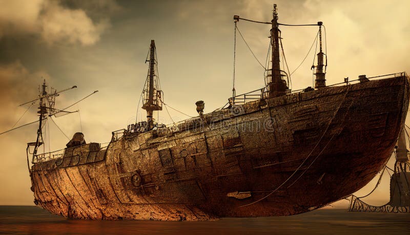 Abandoned Old Big Sea Ship, Rusty and Broken Stock Illustration ...