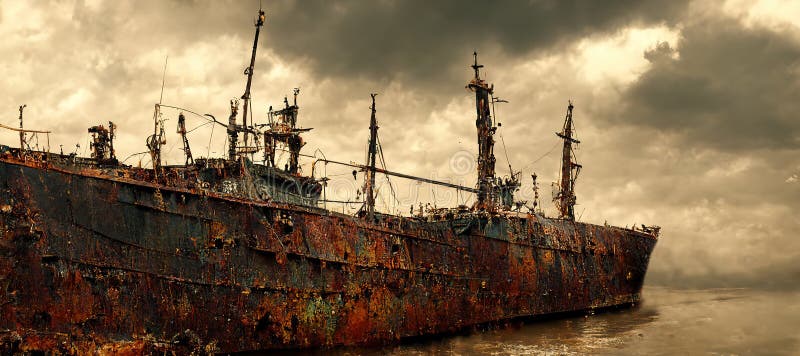 Abandoned Old Big Sea Ship, Rusty and Broken Stock Illustration ...