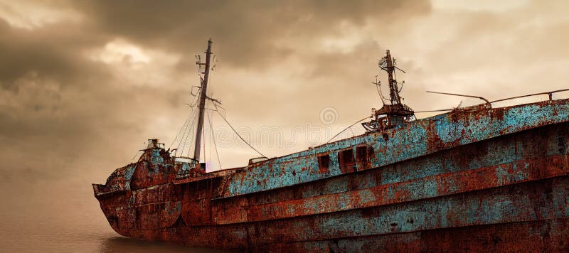 Abandoned Old Big Sea Ship, Rusty and Broken Stock Illustration ...