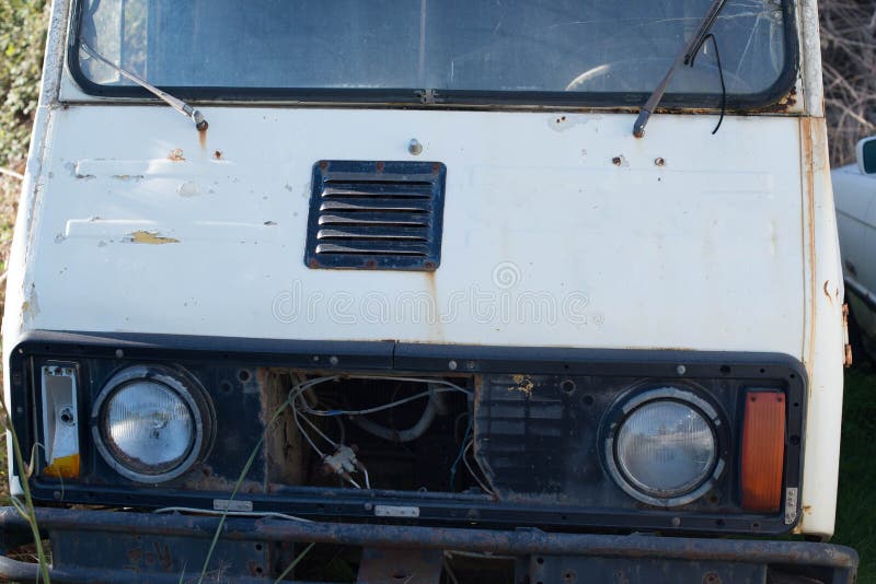 Abandoned Old White Minivan in a Junkyard Stock Image - Image of body ...