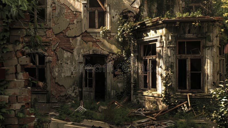 Abandoned and Overgrown Building with Damaged Facade Stock Image ...