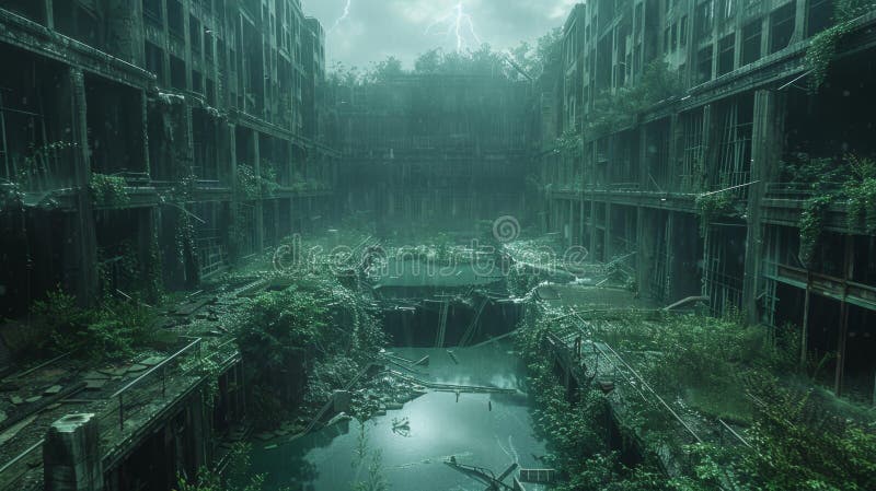 Abandoned Overgrown Building with Pool - Generative AI Stock ...