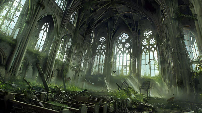An Abandoned, Overgrown Gothic Cathedral with Light Streaming through ...