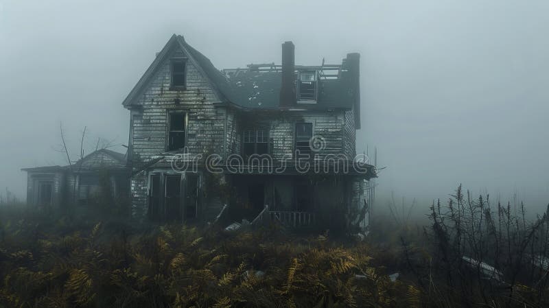 Abandoned and Overgrown House in Dense Fog Stock Image - Image of ...