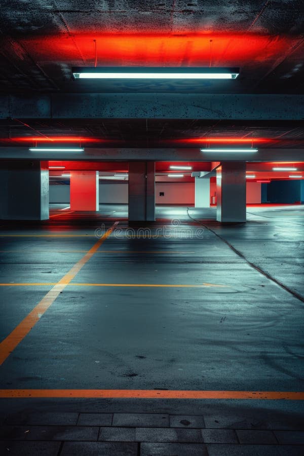 Abandoned Parking Lot at Night with Red Warning Lights on Stock Image ...