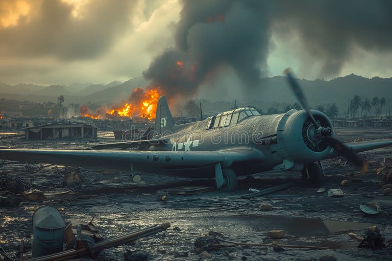 Abandoned Plane Amidst the Flames of Disaster Stock Illustration ...