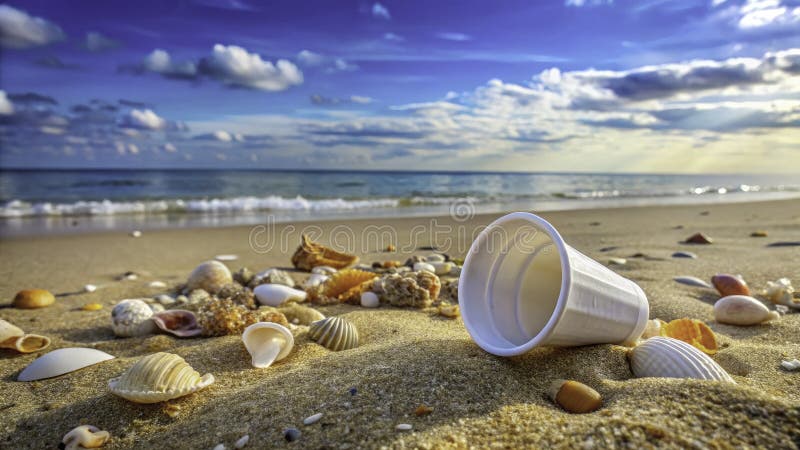 Abandoned Plastic Cup among Beach Shells a Visual Cry for Ocean Cleanup ...