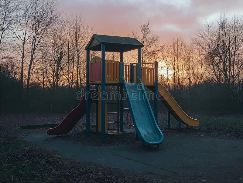 Abandoned Playground, Colorful Slides, Sunset, Dark Trees, Desolate ...