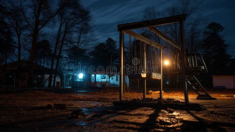 Abandoned Playground at Night with Swing Set in Motion Stock ...