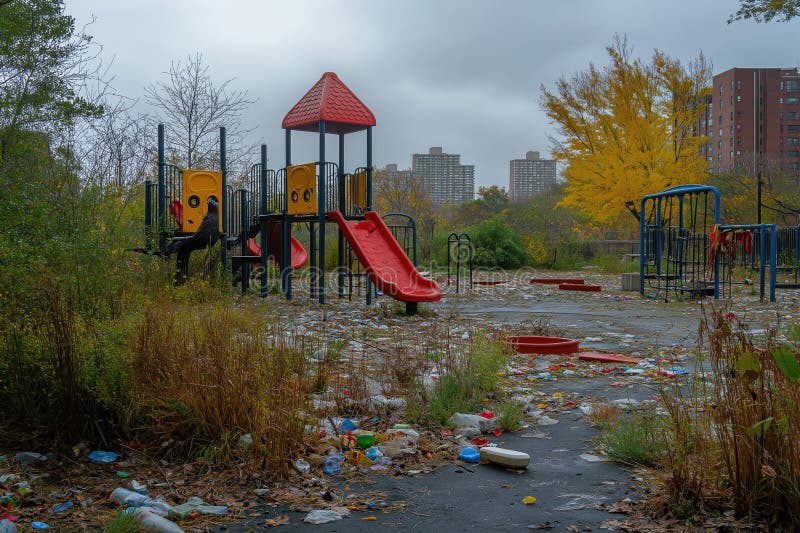 Abandoned Playground Polluted with Garbage and Trash Stock Illustration ...