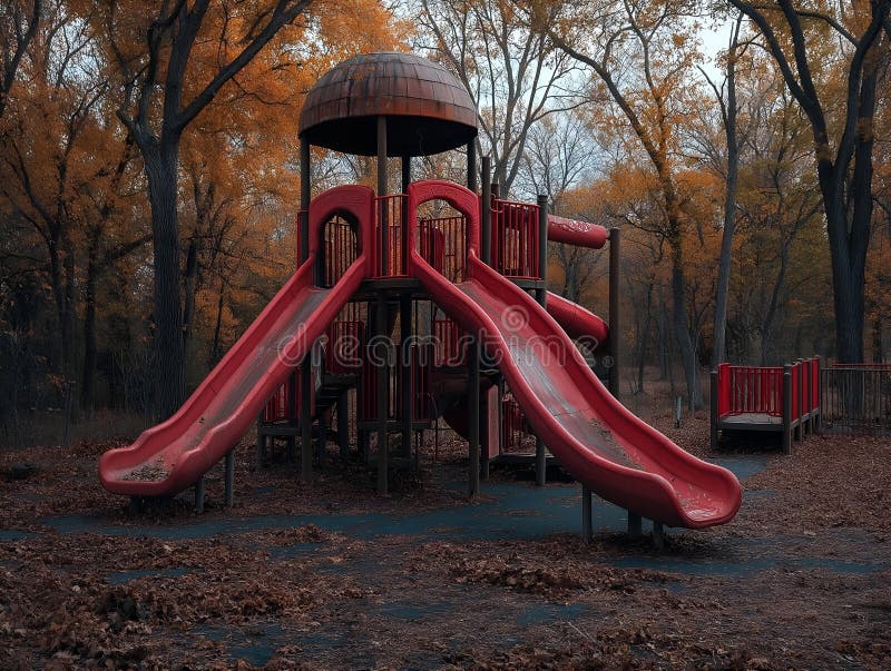 Abandoned Playground, Red Slides, Autumn Leaves, Overcast Sky, Desolate ...