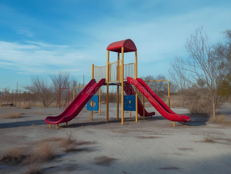 Abandoned Playground, Red Slides, Clear Sky, Dry Landscape, Desolate ...