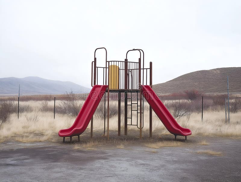 Abandoned Playground, Red Slides, Clear Sky, Dry Landscape, Desolate ...