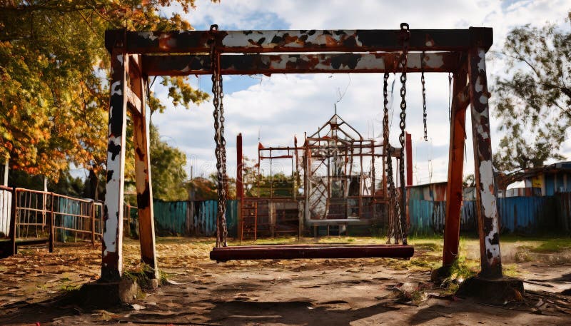 Abandoned Playground with Rusty Swing and Decayed Structures Stock ...