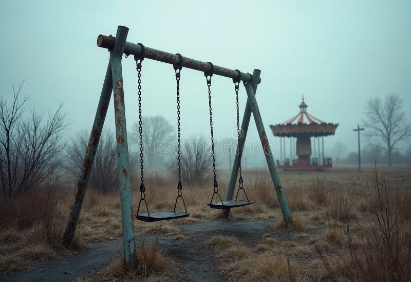 Abandoned Playground with Rusty Swings and a Carousel, Creating a ...