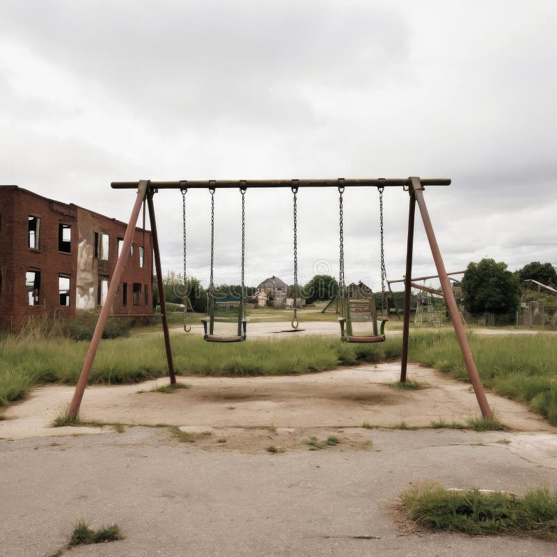 Abandoned Playground Swings in an Overgrown, Desolate Area Stock Image ...