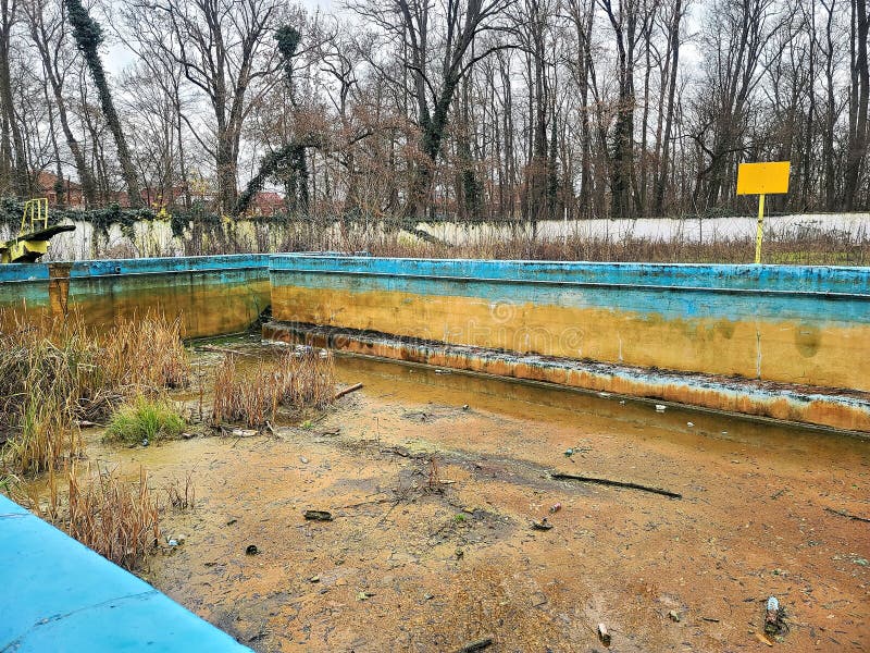Abandoned pool in ruins stock photo. Image of stone - 332305662