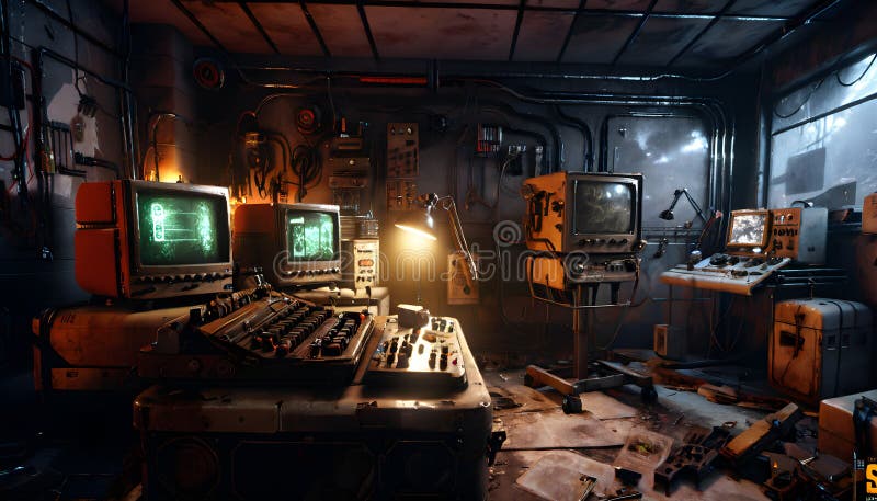 Abandoned Post-Apocalyptic Control Room with Vintage Technology Stock ...