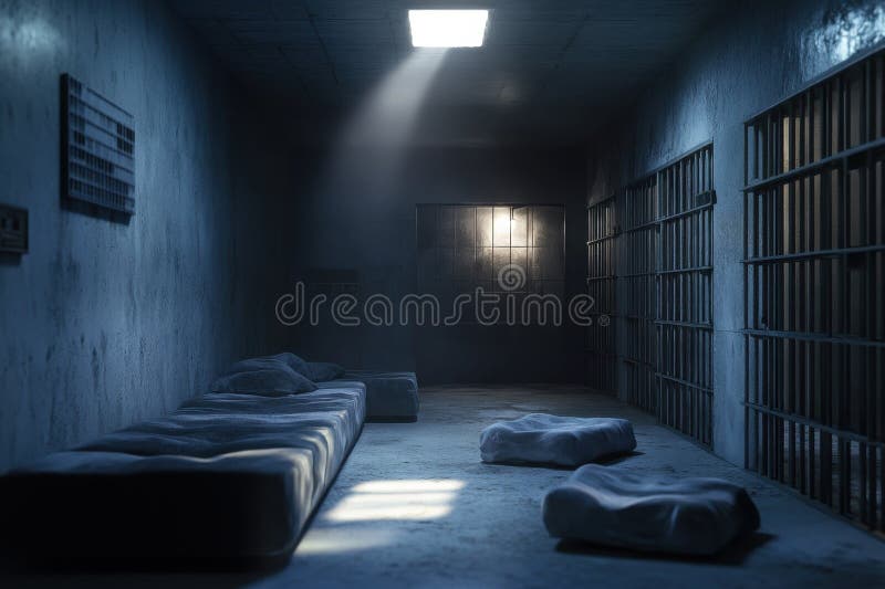 Desolate Prison Cell with Barren Beds Under Dim Light at Night Stock ...