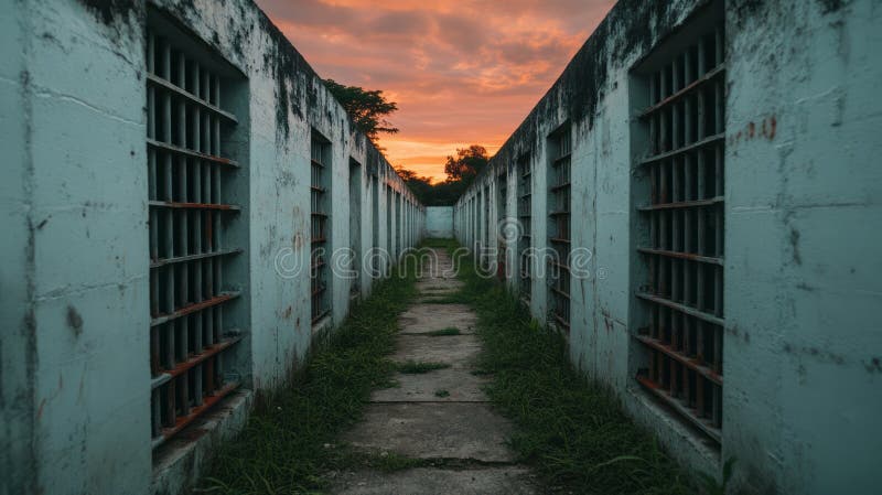 Abandoned Prison Corridor with Barred Windows during a Dramatic Sunset ...