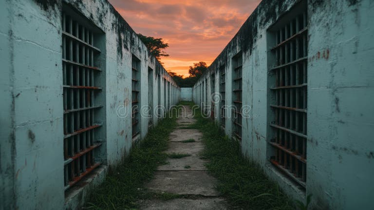 Abandoned Prison Corridor with Barred Windows during a Dramatic Sunset ...