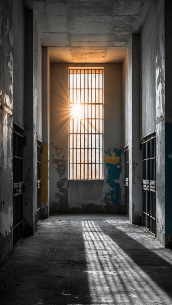 Abandoned Prison Corridor Illuminated by Sunlight in a Dilapidated ...