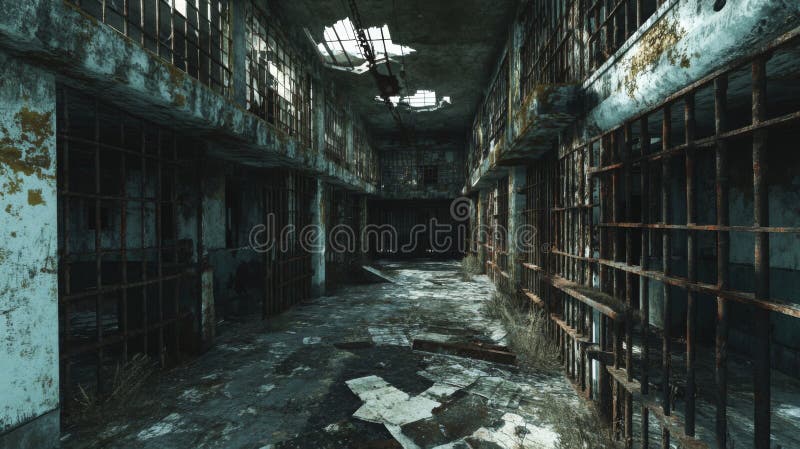 Abandoned Prison Hallway with Rusty Bars and Broken Windows Stock ...