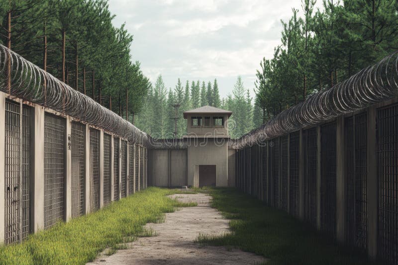 Abandoned Prison Surrounded by Dense Forest with Barbed Wire Fencing ...