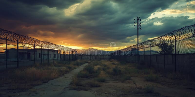 Abandoned Prison Yard Sunset Barbed Wire Dramatic Clouds Stock Photos ...