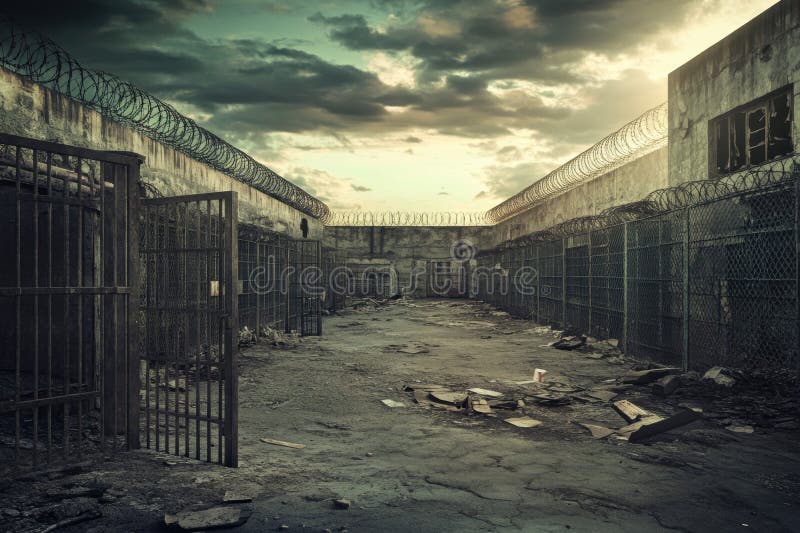 Abandoned Prison Yard Under a Dramatic Sky with Barbed Wire and Broken ...