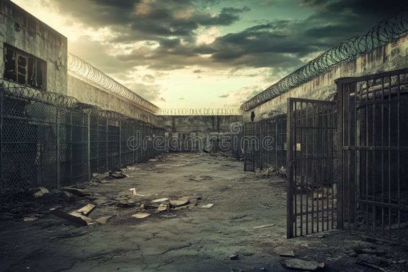 Abandoned Prison Yard Under a Dramatic Sky with Barbed Wire and Broken ...